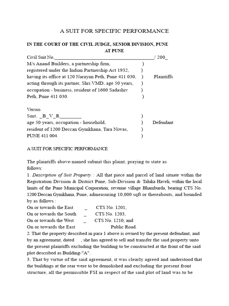 A Suit For Specific Performance: in The Court of The Civil Judge, Senior Division, Pune at Pune ...