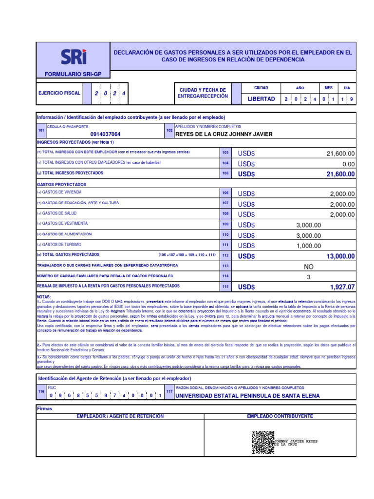 Formulario SRI - 2024 JOHNNY REYES-signed | PDF | Impuesto sobre la ...