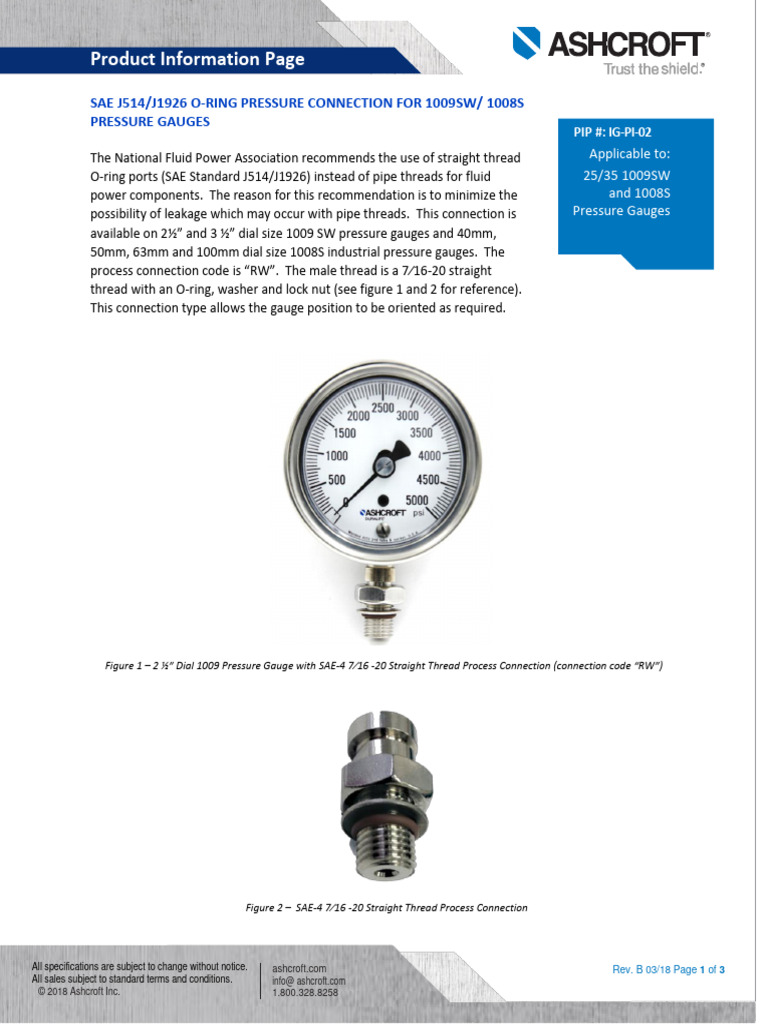 Sae J514/J1926 O-Ring Pressure Connection For 1009SW/ 1008S Pressure Gauge | PDF | Computers
