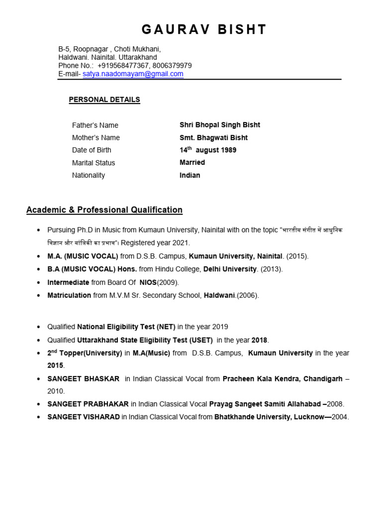 Resume Gaurav Bisht | Download Free PDF | Performing Arts
