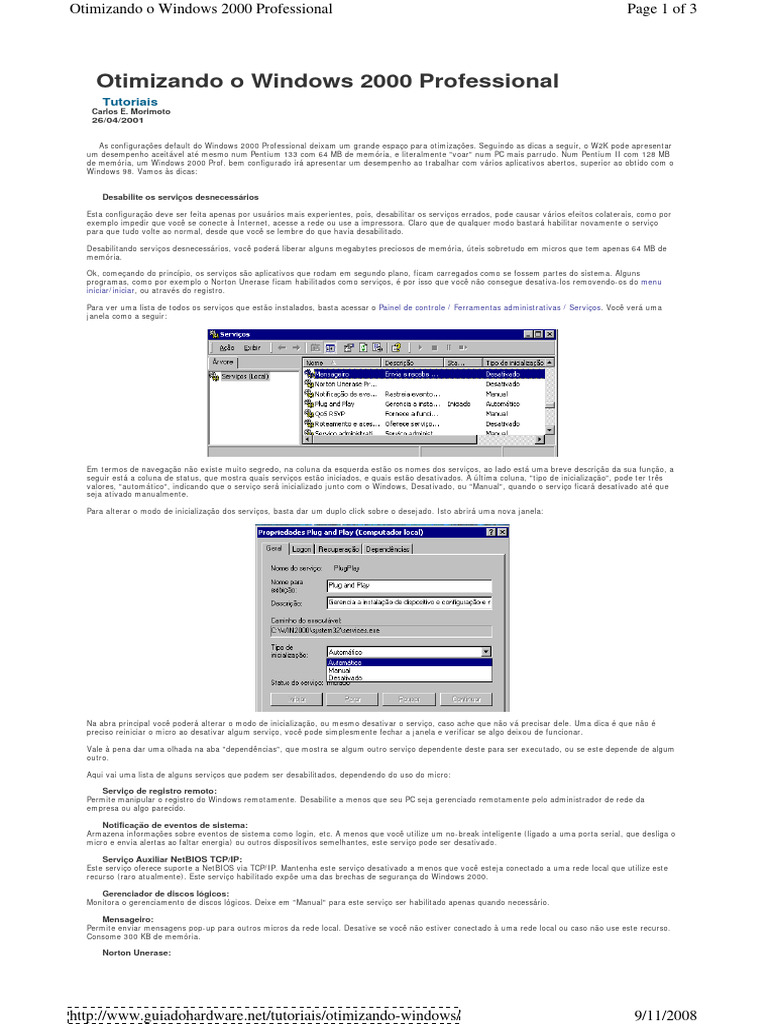 Otimizando Windows 2000 | PDF | Memória de acesso aleatório (RAM) | Registro do Windows