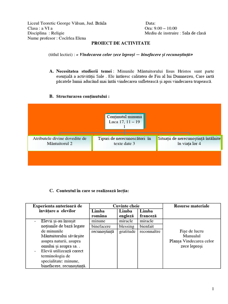 Vindecarea Celor Zece Leprosi - Binefacere Si Recunosinta Model Proiect Activitate La Religie | PDF