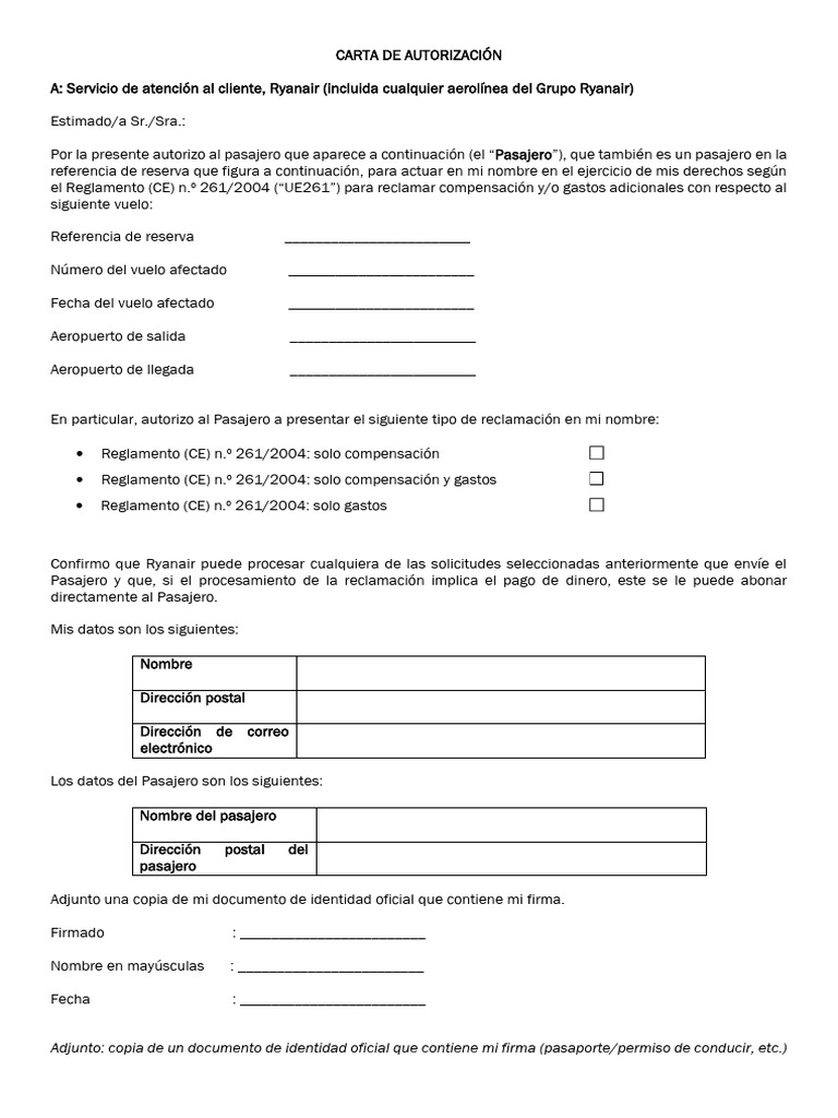 Carta de Autorización para Reclamación Ryanair | PDF