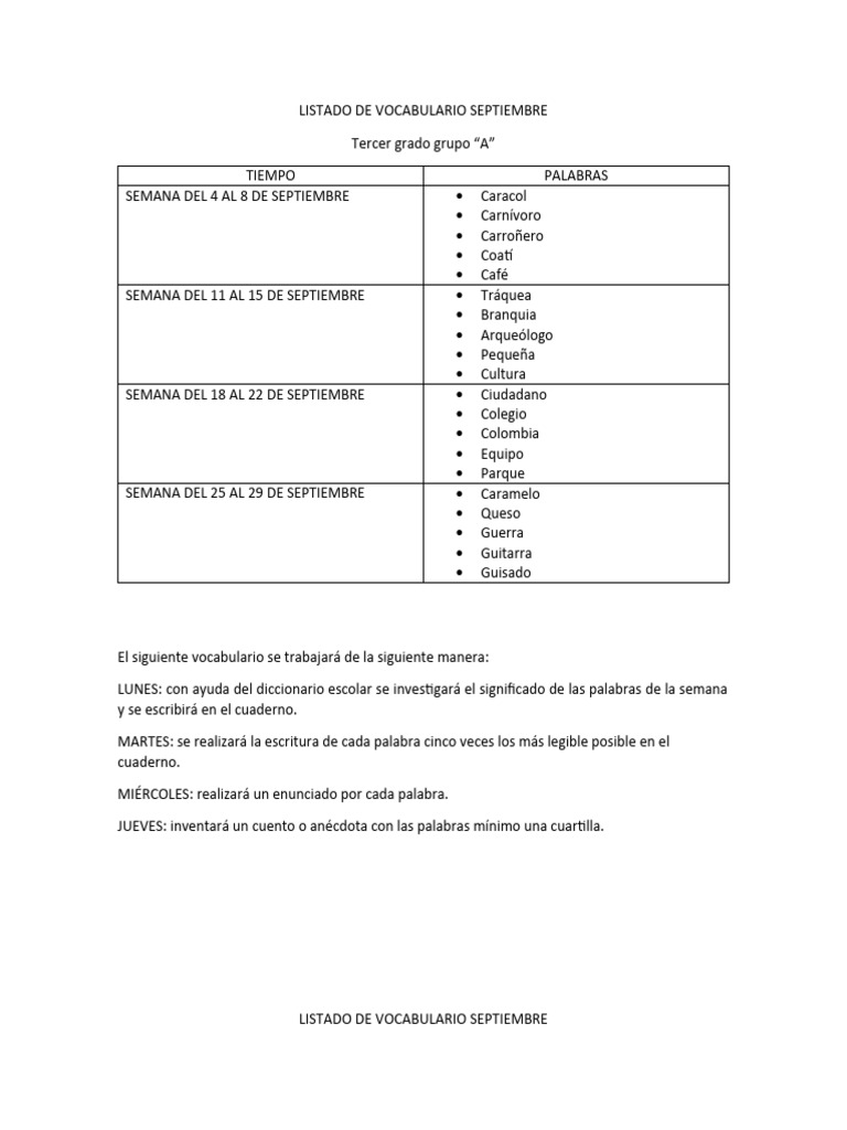 Listado de Vocabulario Septiembre | PDF