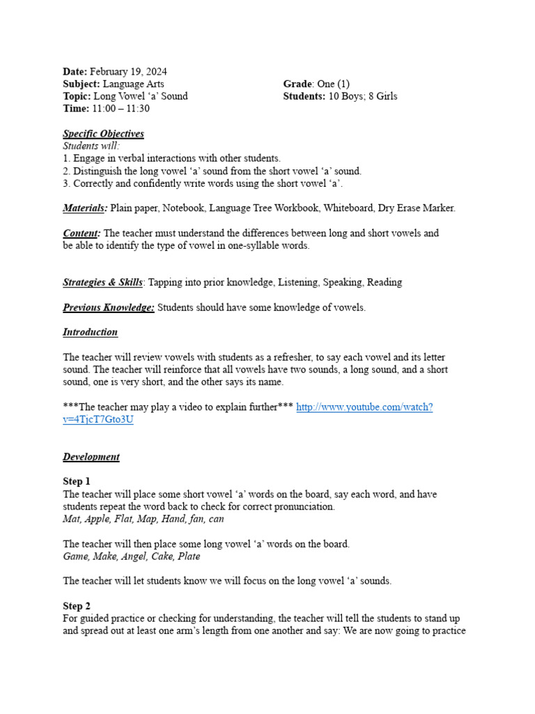 Language Arts Lesson - Long Vowel 'a' Sound | PDF | Vowel | Cognition