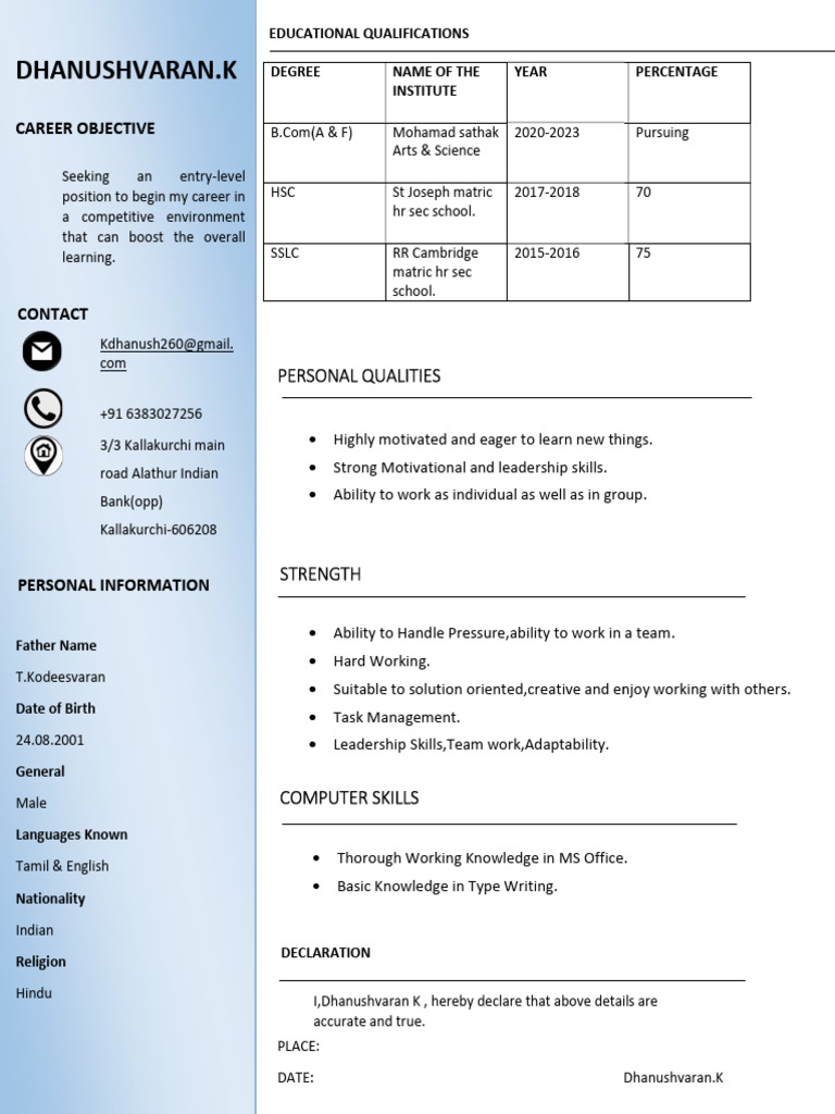 Dhanushvaran K Resume | PDF | Psychology | Cognitive Science