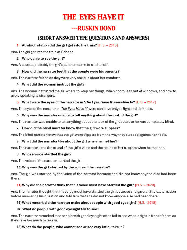 THE EYES HAVE IT Ruskin Bond Questions 0 Answers | PDF | Laughter
