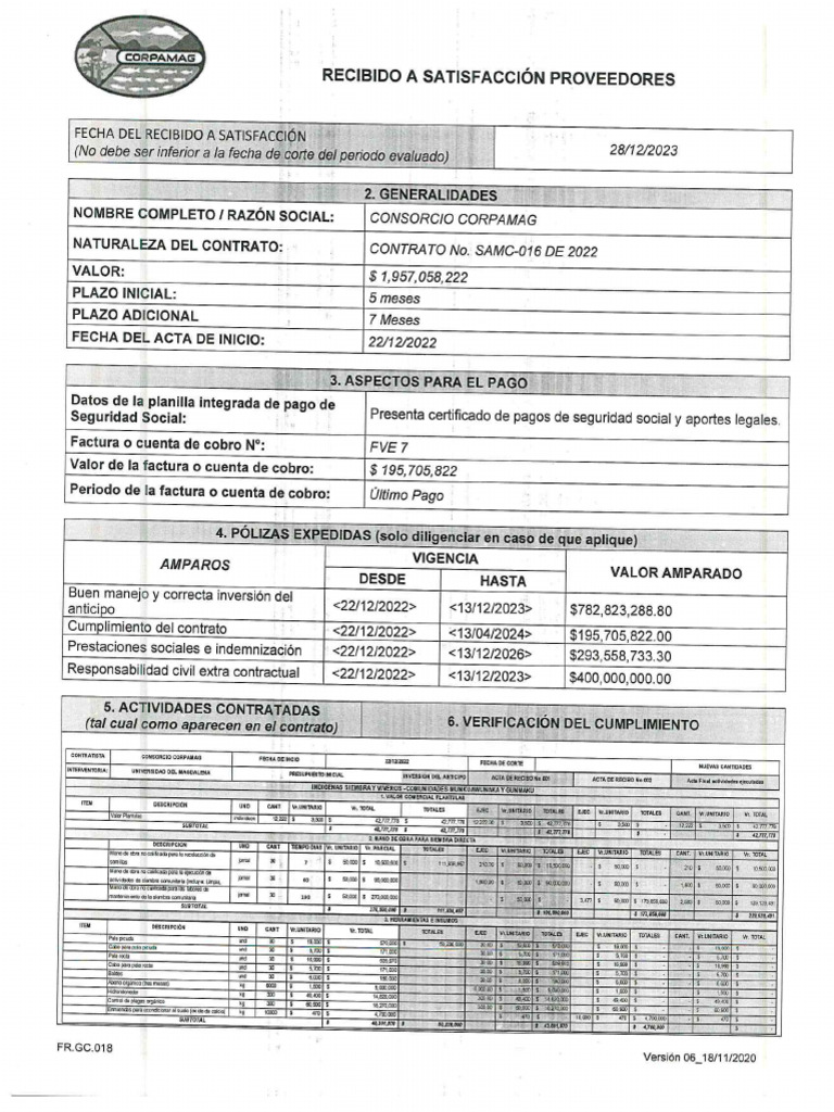 Recibo de Satisfacción CD 016 2022 Pago Final | PDF