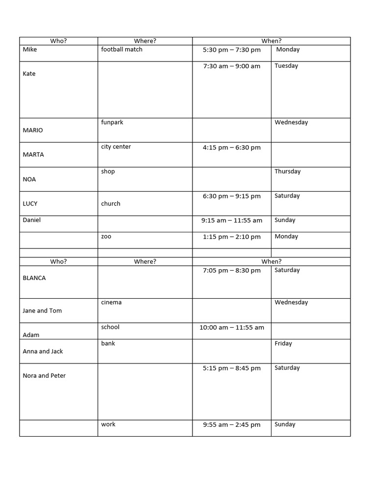 Information Gap The Time and Places Information Gap Activities - 114342 ...