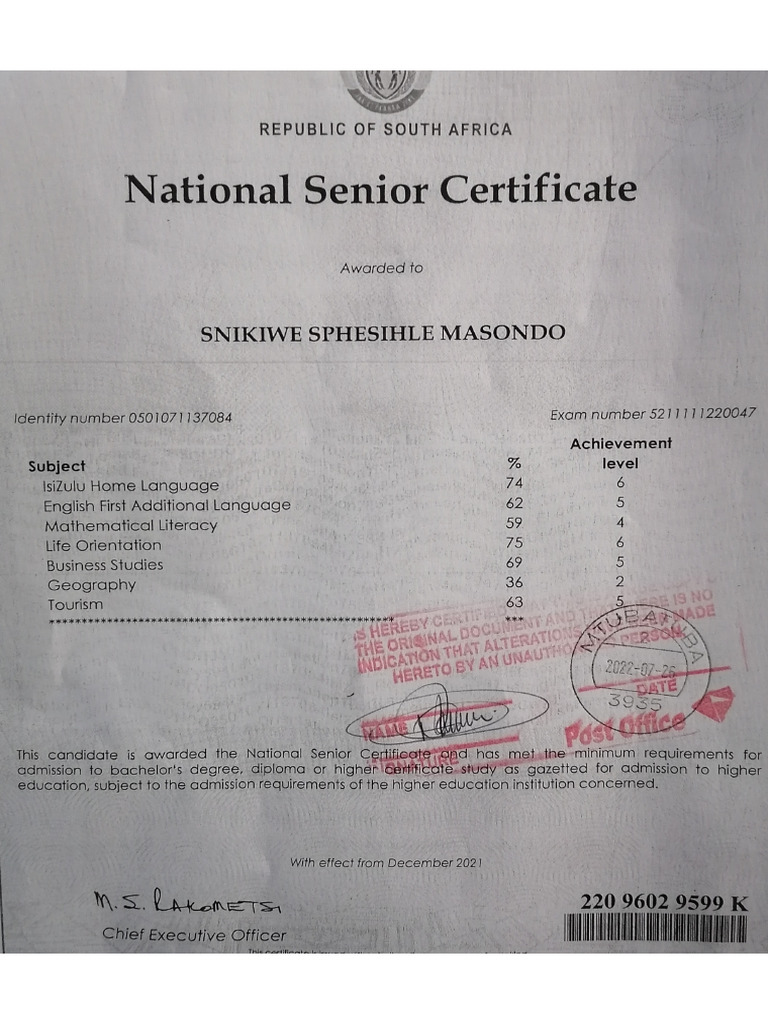 matric certificate | PDF