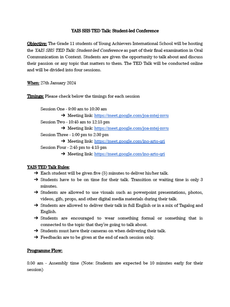 YAIS SHS TED Talk Student Led Conference | PDF