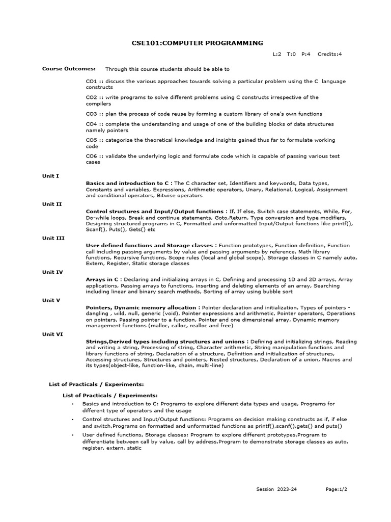 Frm Course Syllabus Ipdownload Pdf Pointer Computer Programming Control Flow 
