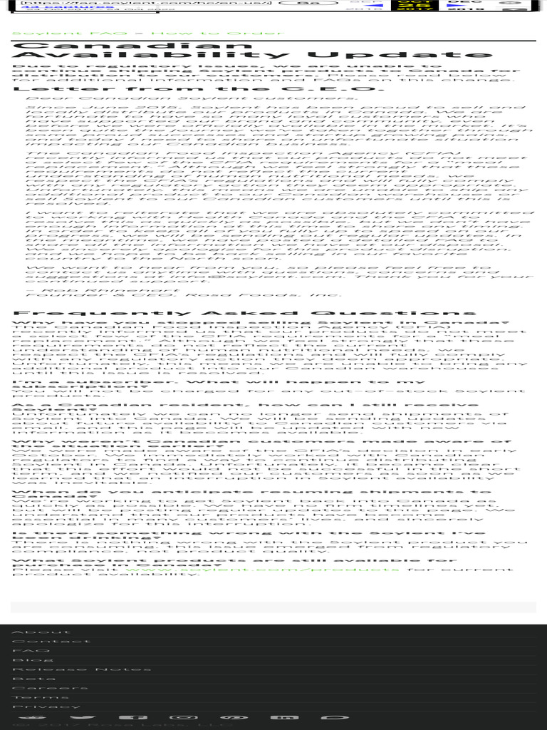 Canadian Availability Update - Soylent FAQ | PDF