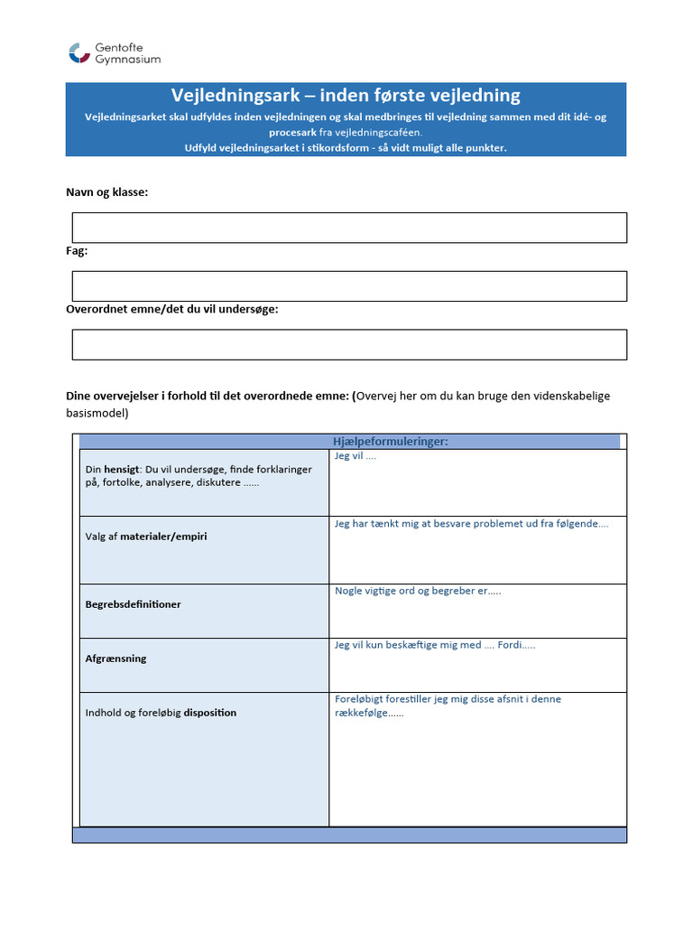 Vejledningsark 1. Vejledning | PDF