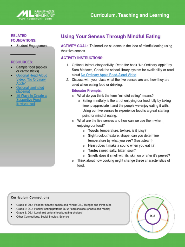 Mindful Eating Activities for Grades K-3 | PDF | Senses | Taste