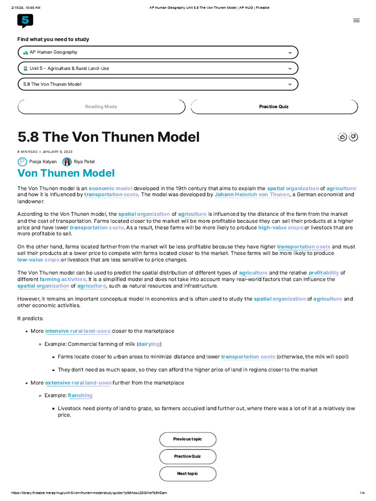 AP Human Geography: Von Thunen Model | PDF | Agriculture | Farms