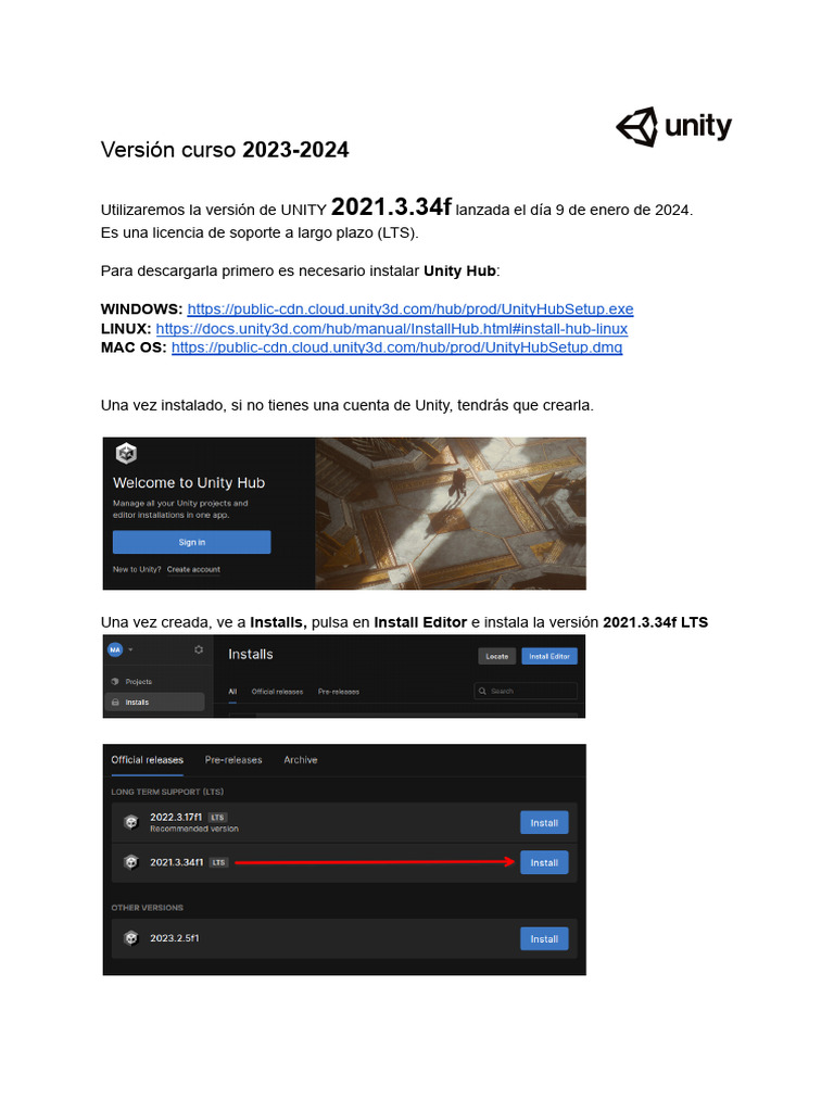 Guía de Instalación Unity 2021.3.34f LTS | PDF