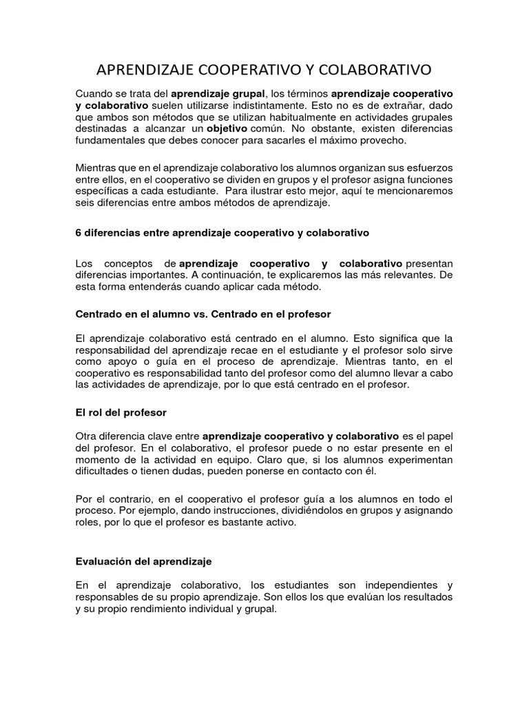Diferencias entre aprendizaje cooperativo y colaborativo | PDF ...
