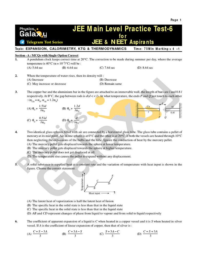 #MOCK JEE Main Practice Test 6 Expansion, Calorimetry, KTG ...