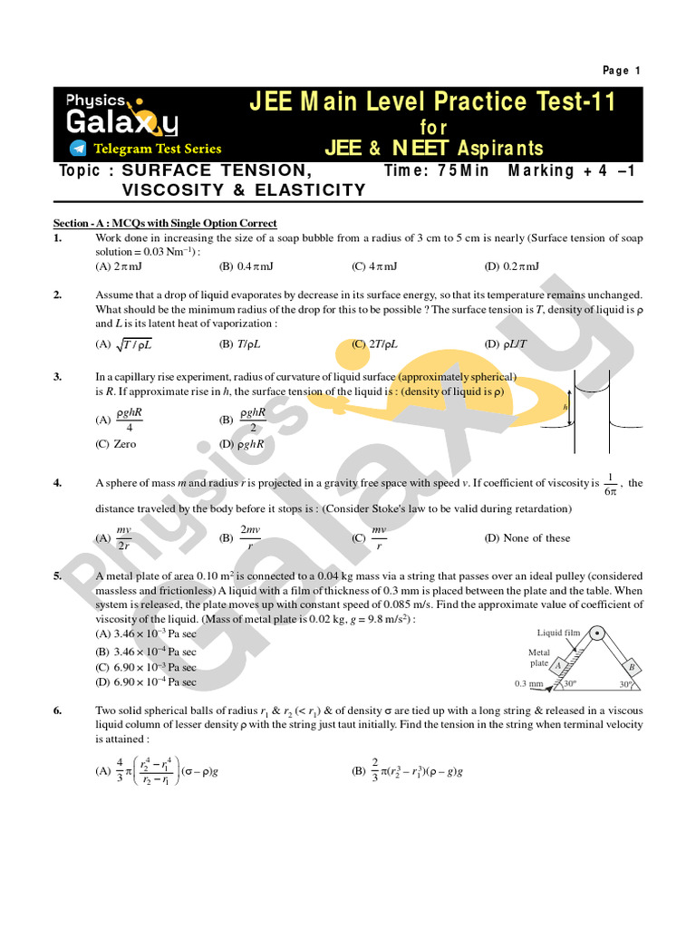 #MOCK_JEE_Main_Practice_Test_11_Surface_Tension,_Viscosity_&_Elasticity ...