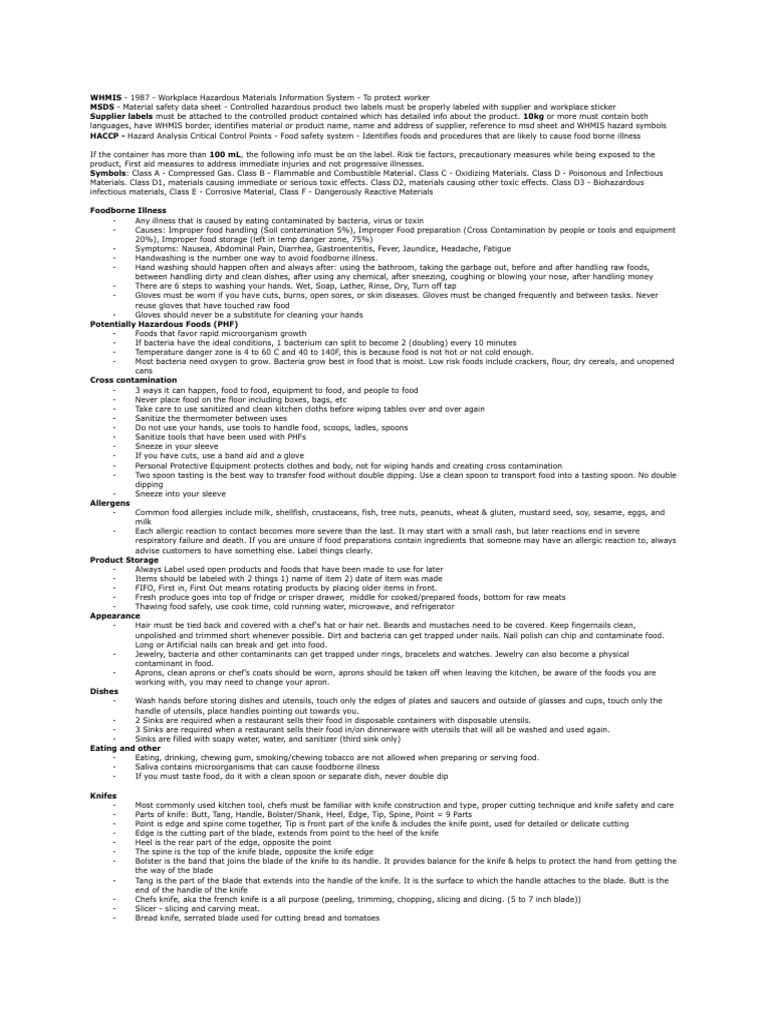 Hospitality Notes For Safety Quiz | PDF | Blade | Knife