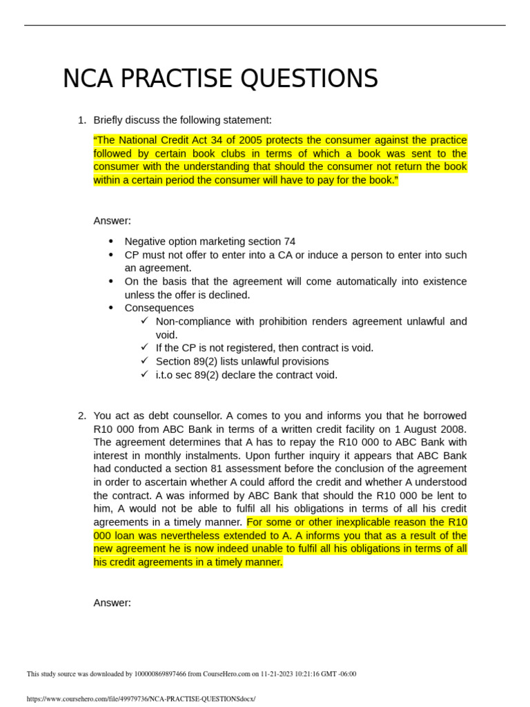 NCA Practice Questions and Analysis | PDF | Credit | Finance & Money ...