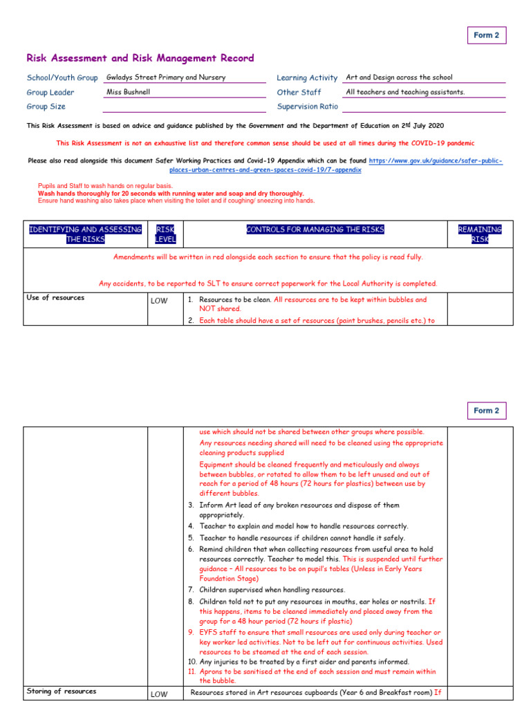 Risk Assessment Art and Design 2020 | PDF | Sewing | Personal ...