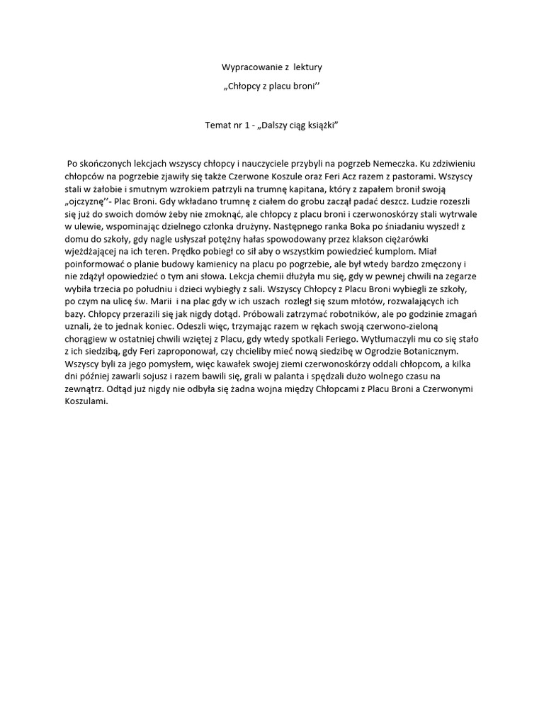 Wypracowanie Z Lektury Chłopcy Z Placu Broni | PDF