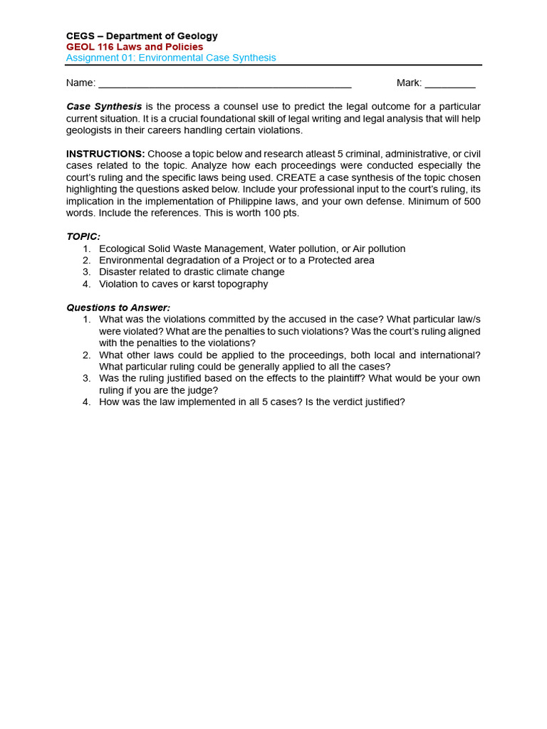 Environmental Case Synthesis Assignment | PDF | Social Science | Law