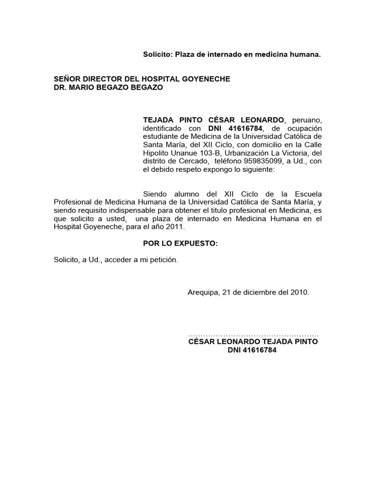 Solicitud de Ampliacion Internado Cesar Tejada Pinto | PDF | Medicina