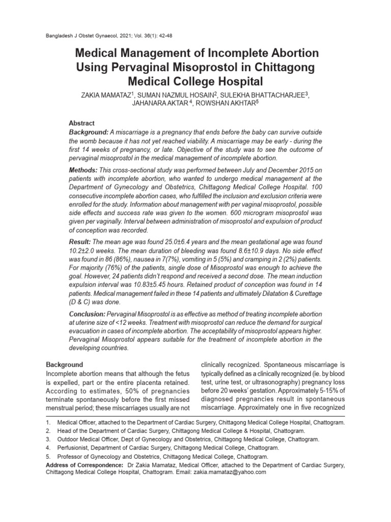 Medical Management of Incomplete Abortion Using Pervaginal Misoprostol ...