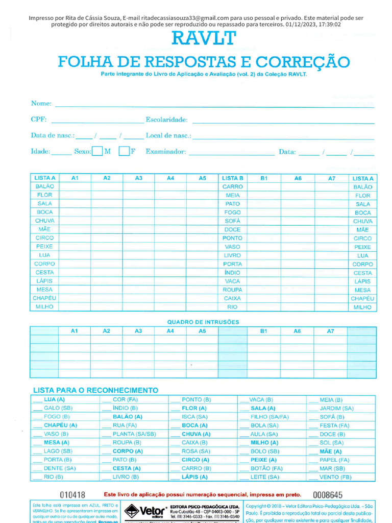 RAVLT - Folha de Respostas e Correção - Teste de Aprendizagem Auditivo ...