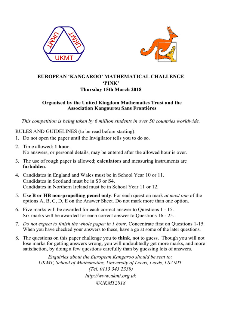 Pink 2018 Q | PDF | Mathematics | Elementary Mathematics