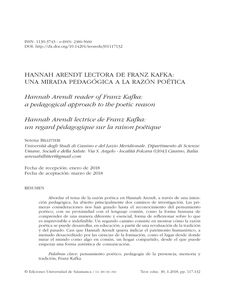 Arendt y Kafka: Razón Poética en Educación | PDF | Hannah Arendt | Verdad