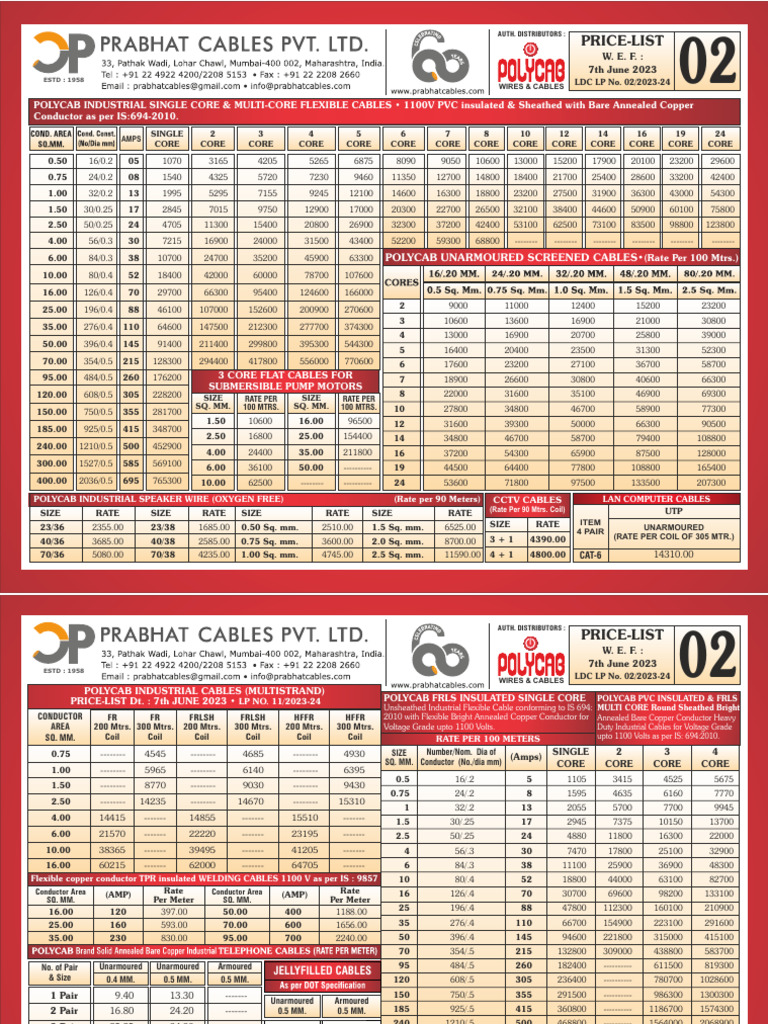 Electrical Cable Rate | PDF | Electrical Conductor | Wire