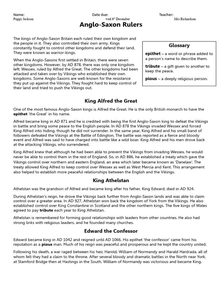 Anglo Saxon Rulers Home Learning | PDF | Anglo Saxons | Danelaw
