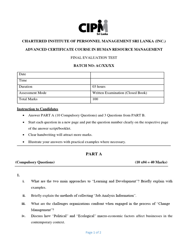 ACHRM Model Question Paper 01 | PDF | Recruitment | Employment