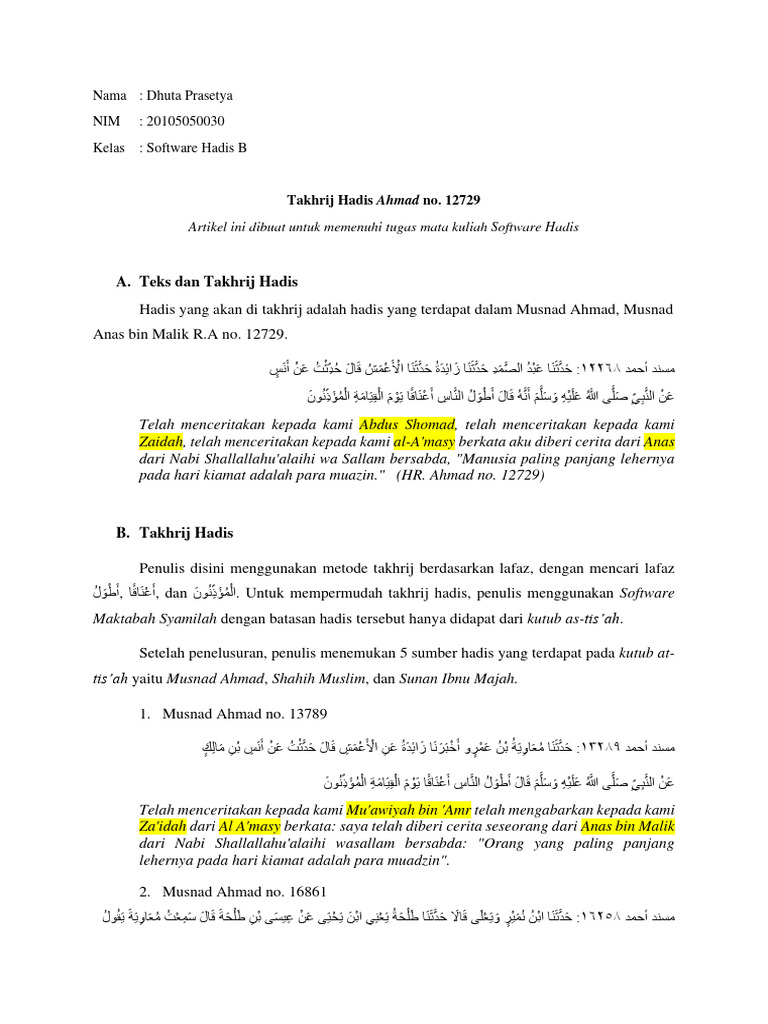 Tugas Takhrij Hadis Musnad Ahmad - Fix | PDF