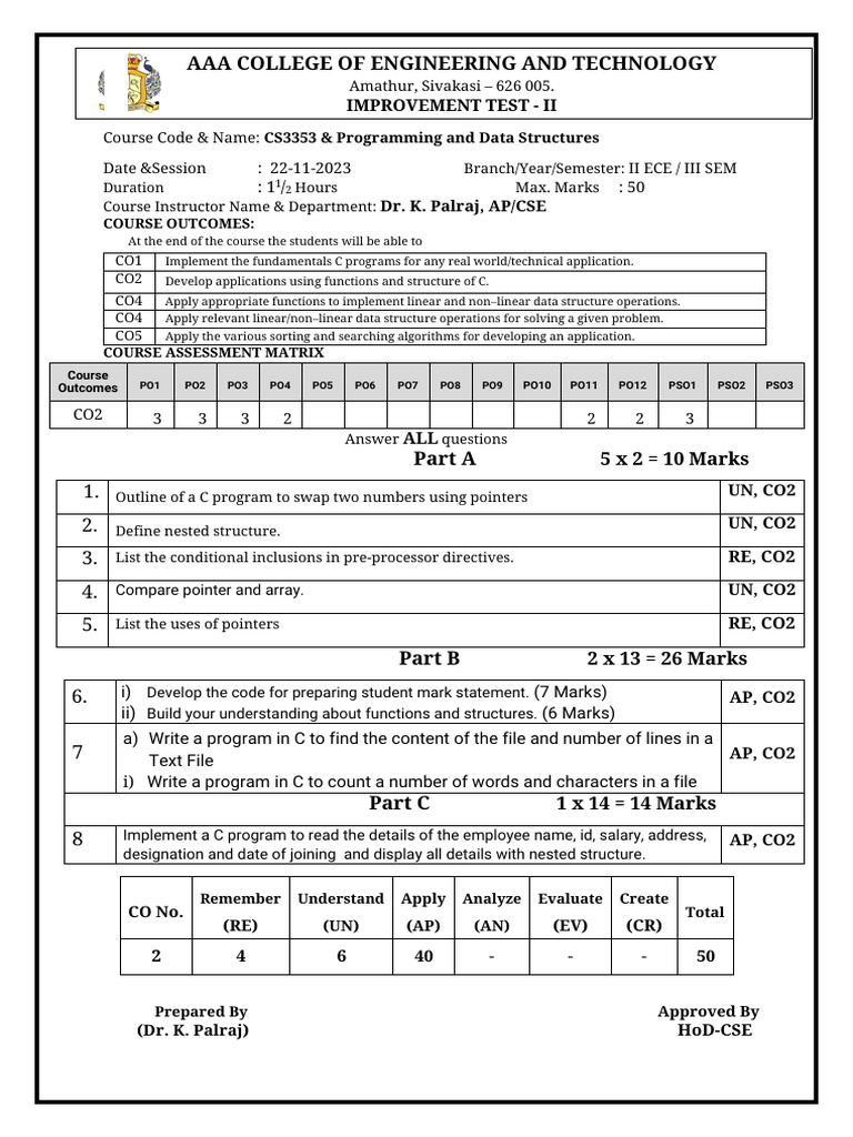 Iii Ece Cs3353 Imporovement Question Pdf Pointer Computer Programming Computer Science 5379
