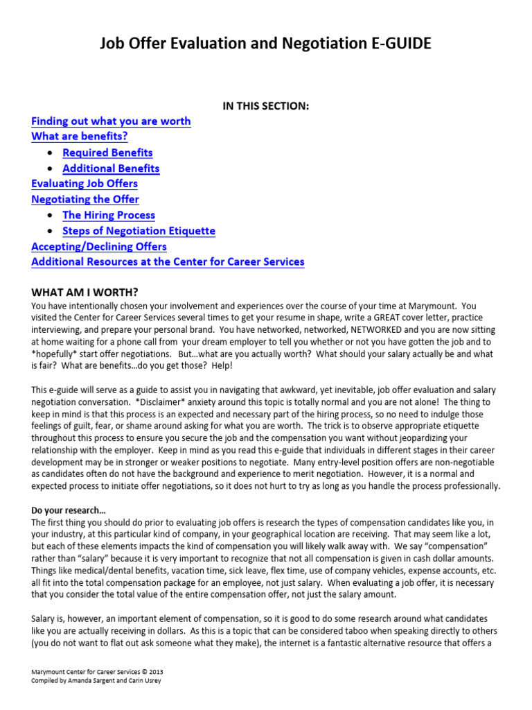 Salary Benefits Negotiation Jobofferevaluation Pdf Cost Of Living