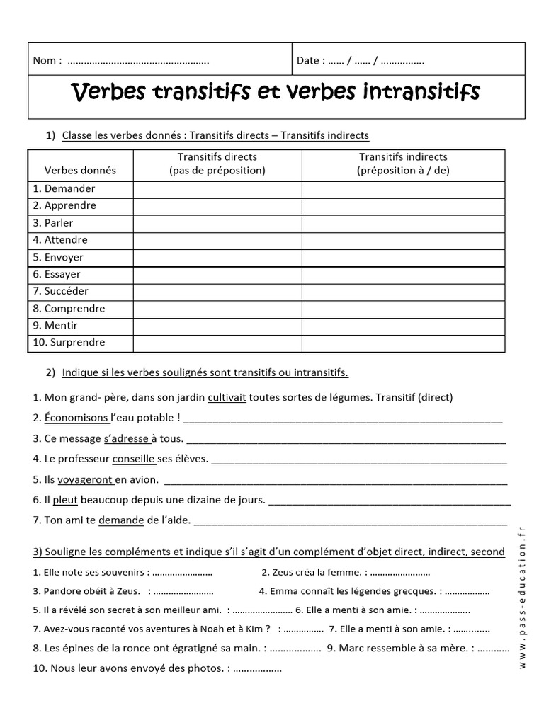Transitifs Et Intransitifs 4ème Exercices Sur Les Verbes | PDF
