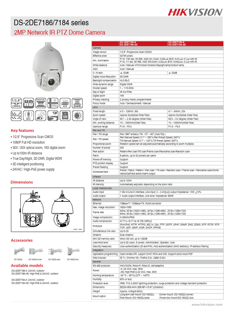 Hikvision - Ds 2de7186 A - Data Sheet | PDF | Camera | Zoom Lens