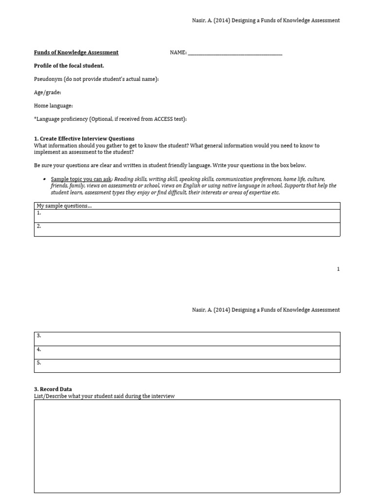 Funds of Knowledge Assignment Worksheet | PDF