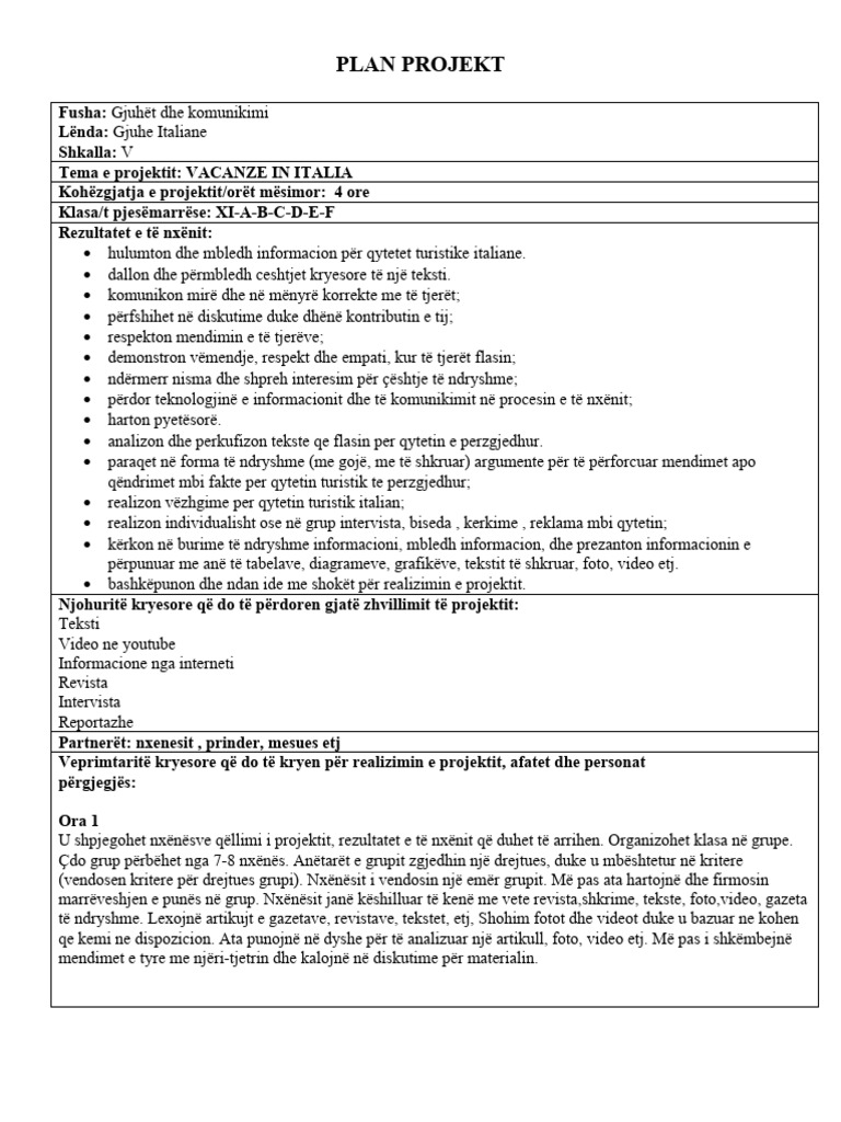 PLAN PROJEKT KLASA XI BESJANA | PDF