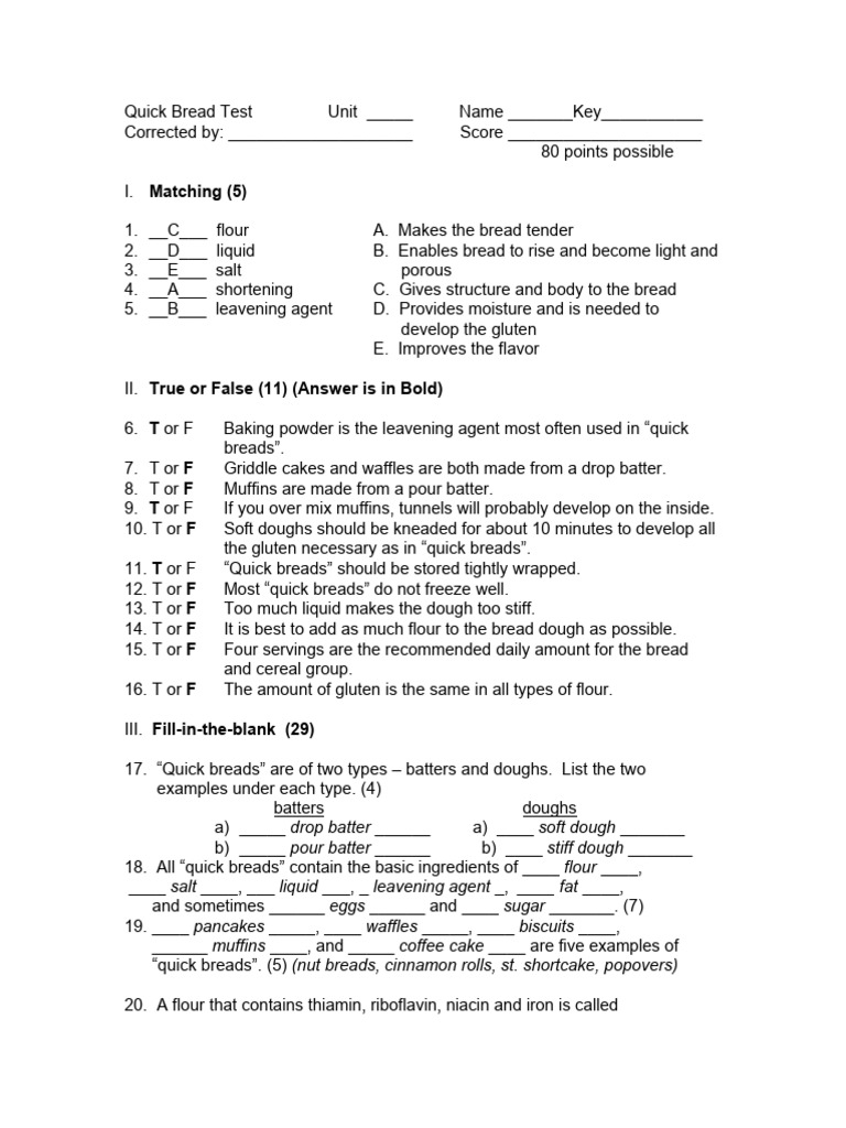 Quick Bread Test KEY | PDF | Breads | Dough