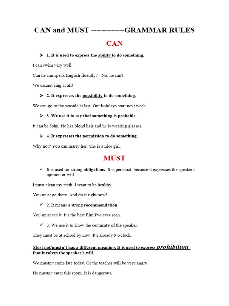 Can and Must - Rules and Exercises | PDF