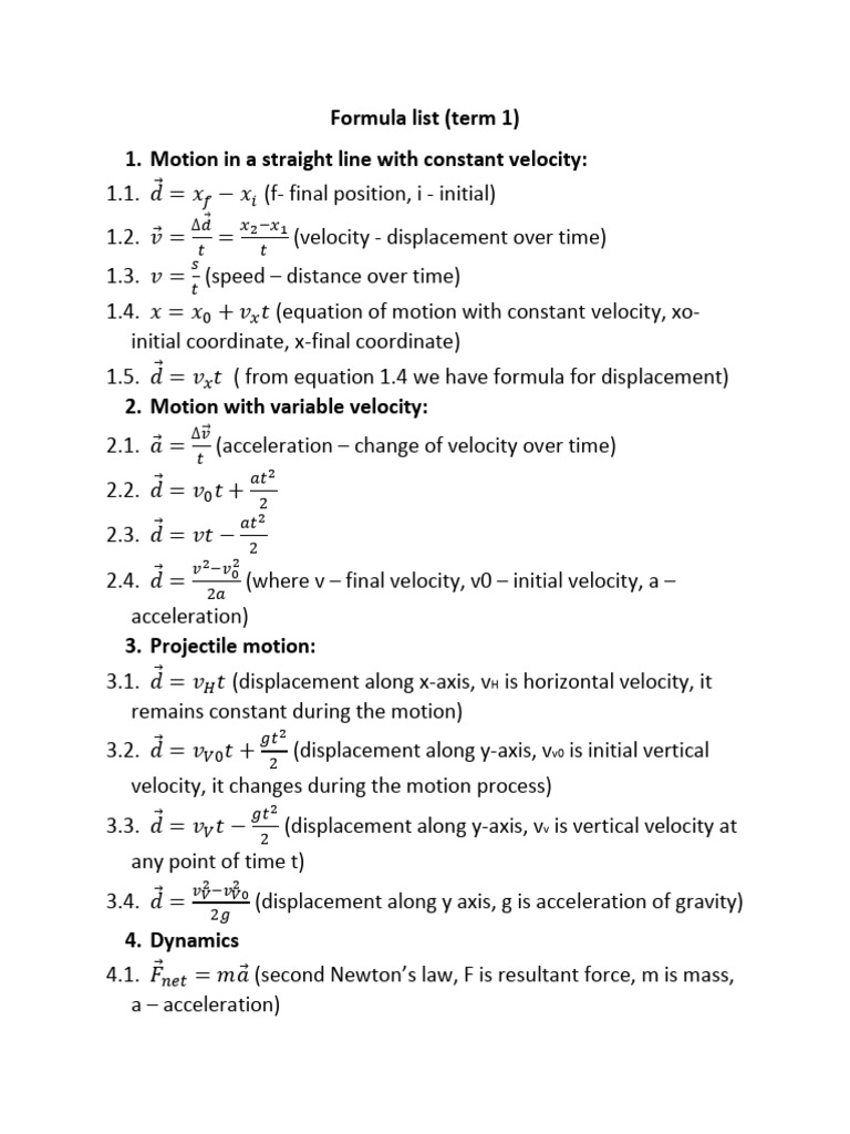 Kami Export - TERM 1 FORMULA SHEET | PDF | Force | Dynamics (Mechanics)
