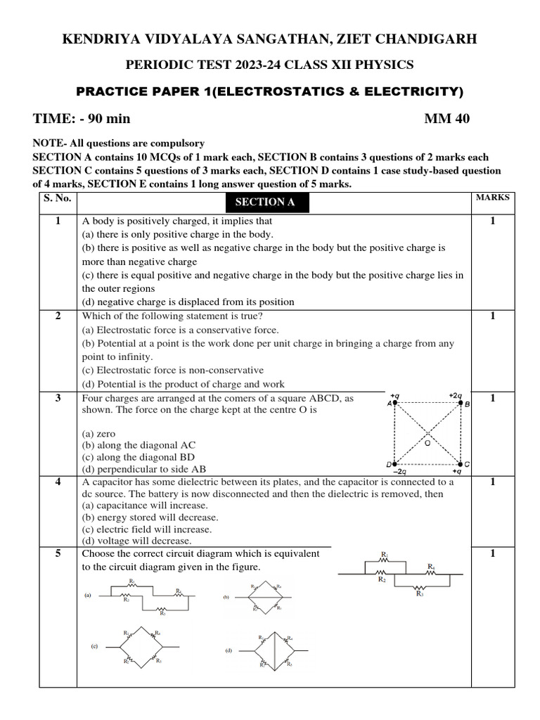 Sample Paper of 1ST PT Physics, Class 12TH, (Set-A) 2023-24 | PDF | Electrical Resistance And ...
