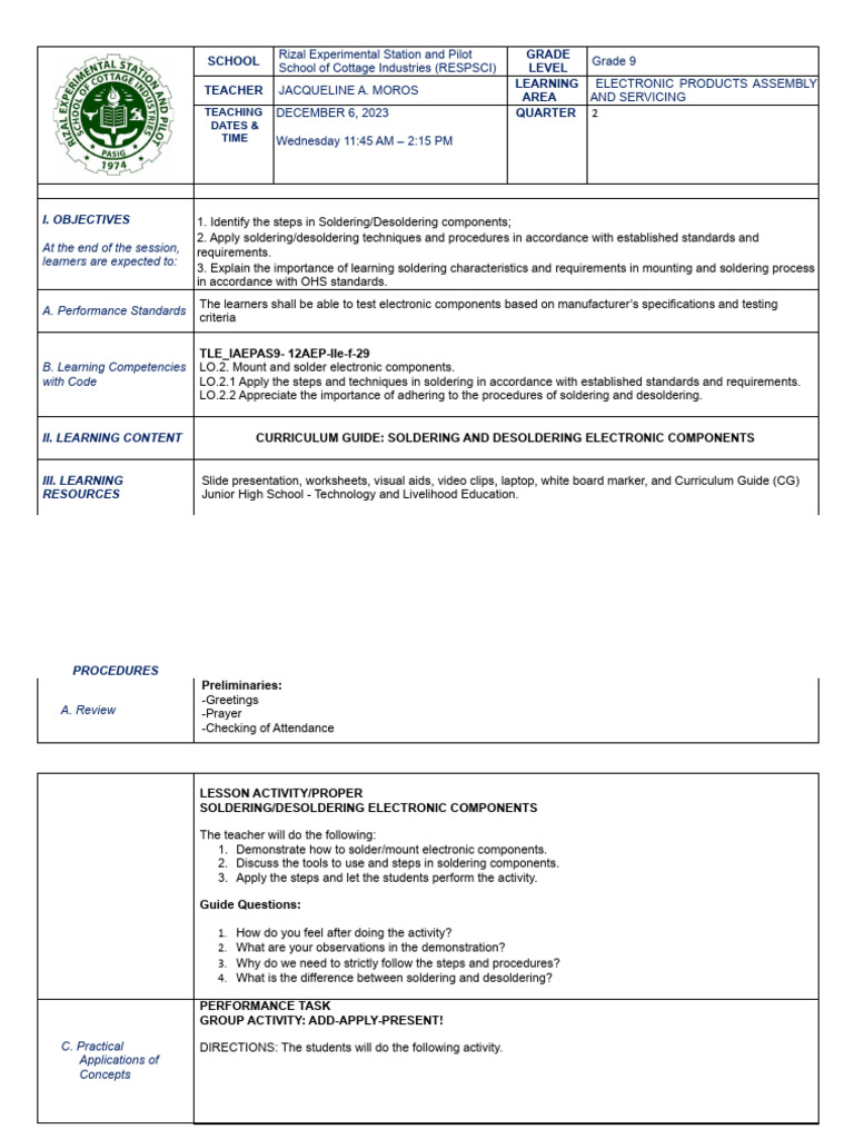 q1 Cot2 Moros | PDF | Soldering | Learning