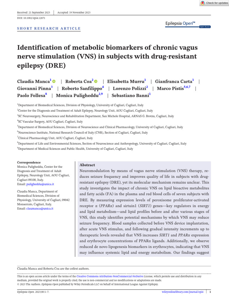 Epilepsia Open - 2023 - Manca - Identification of Metabolic Biomarkers of Chronic Vagus Nerve ...